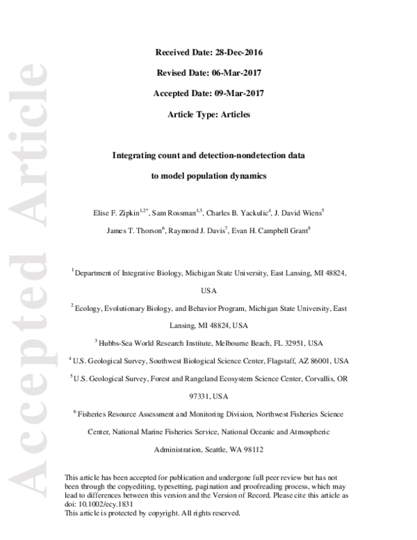 (PDF) Integrating count and detection-nondetection data to model population dynamics