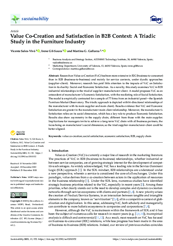 (PDF) Value Co-Creation and Satisfaction in B2B Context: A Triadic Study in the Furniture Industry