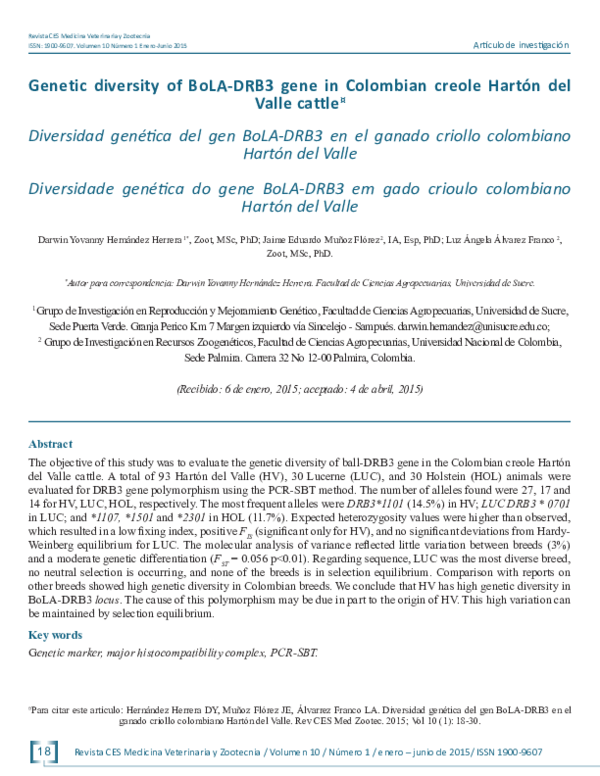 (PDF) Genetic diversity of BoLA-DRB3 gene in Colombian creole Hartón ...