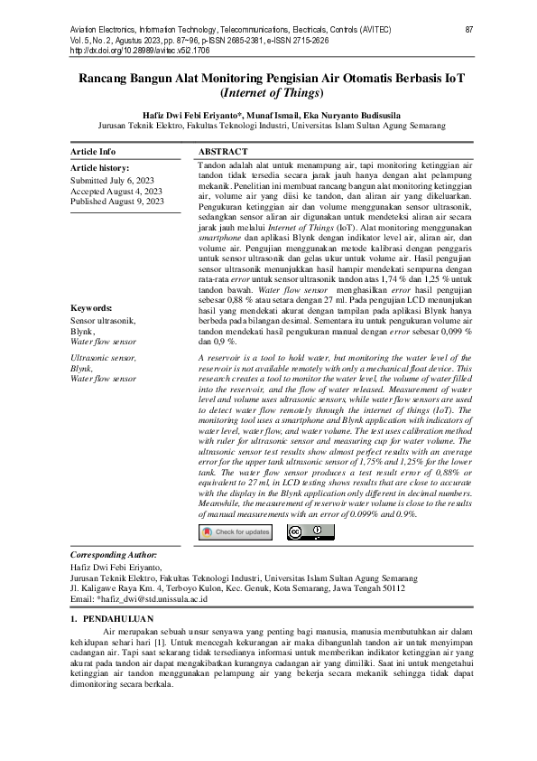 Pdf Rancang Bangun Alat Monitoring Pengisian Air Otomatis Berbasis Iot Internet Of Things