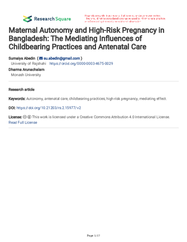 (PDF) Maternal Autonomy and High-Risk Pregnancy in Bangladesh: The ...