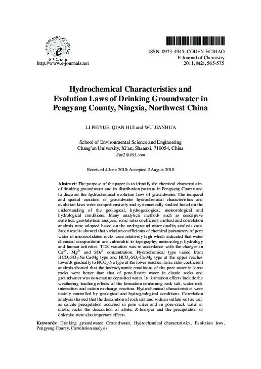 (PDF) Hydrochemical Characteristics and Evolution Laws of Drinking Groundwater in Pengyang ...