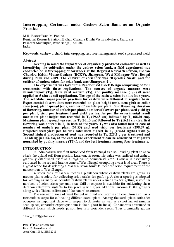 (PDF) Intercropping Coriander Under Cashew Scion Bank as an Organic ...