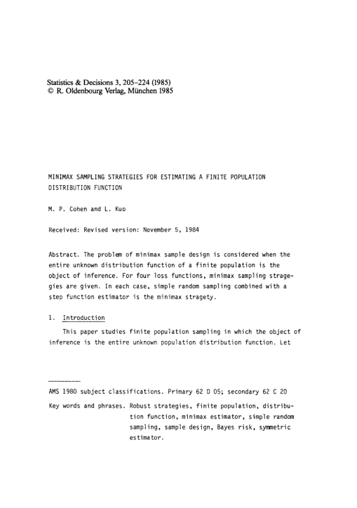 Pdf Minimax Sampling Strategies For Estimating A Finite Population Distribution Function
