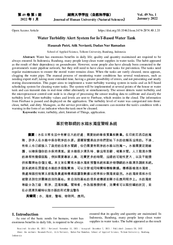 (PDF) Water Turbidity Alert System for IoT-Based Water Tank