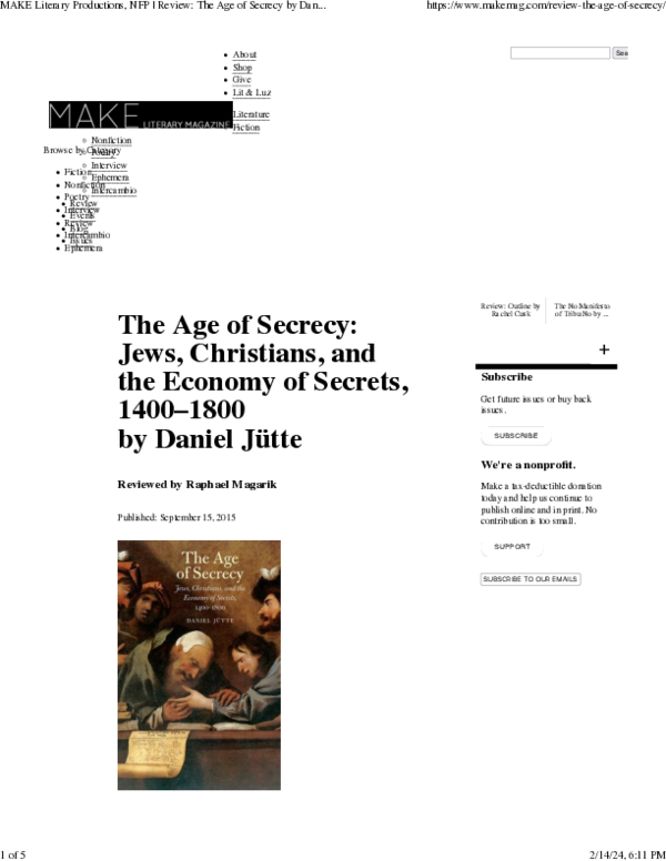 (PDF) Review of "The Age of Secrecy" by Daniel Jütte