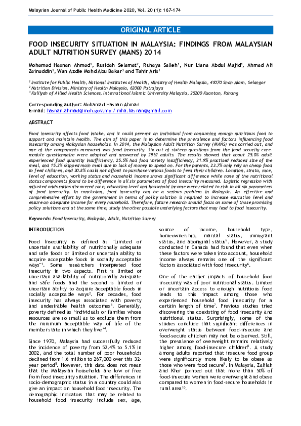 (PDF) Food Insecurity Situation in Malaysia: Findings from Malaysian Adult Nutrition Survey ...