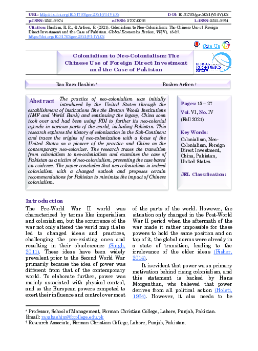 (PDF) Colonialism to Neo-Colonialism: The Chinese Use of Foreign Direct ...