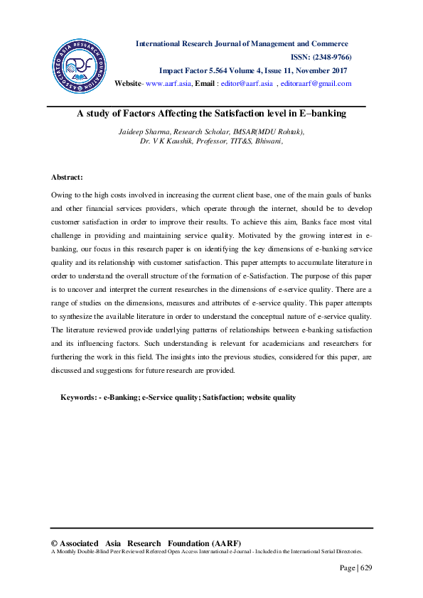 (PDF) A study of Factors Affecting the Satisfaction level in E-banking