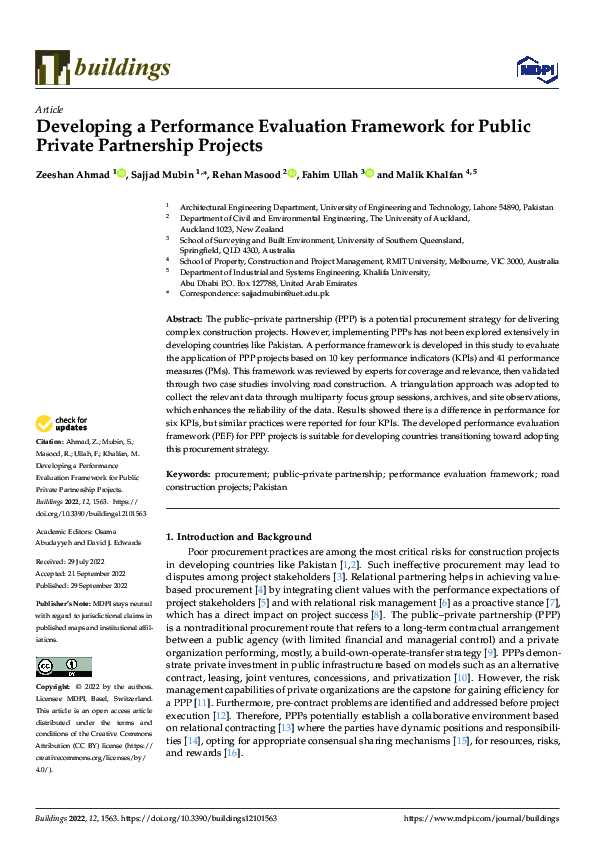 Pdf Developing A Performance Evaluation Framework For Public Private Partnership Projects