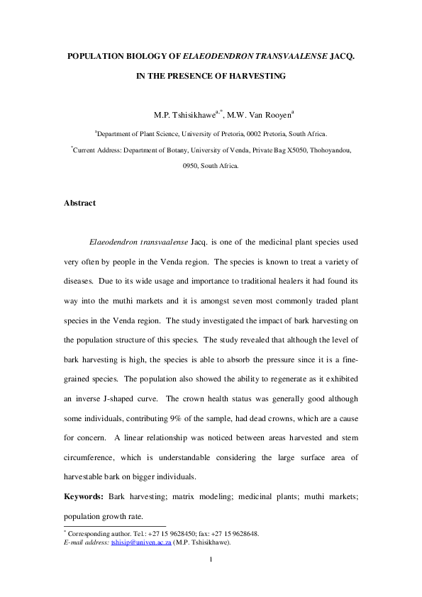 (PDF) Population biology of Elaeodendron transvaalense Jacq. in the ...
