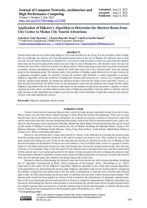 Pdf Application Of Dijkstras Algorithm To Determine The Shortest Route From City Center To