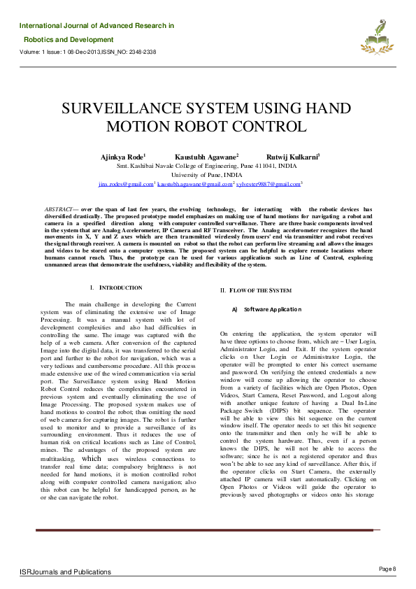 (PDF) Surveillance System Using Hand Motion Robot Control | Ajinkya Rode - Academia.edu