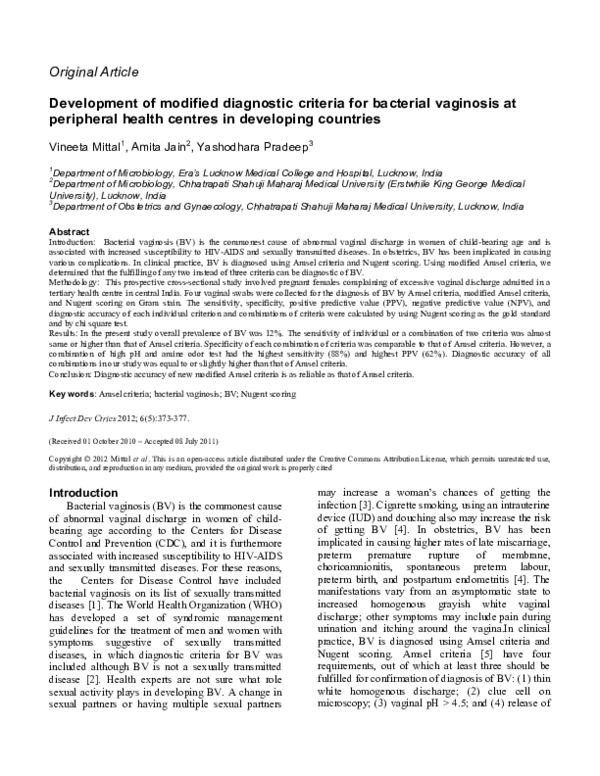 (PDF) Development of modified diagnostic criteria for bacterial vaginosis at peripheral health ...