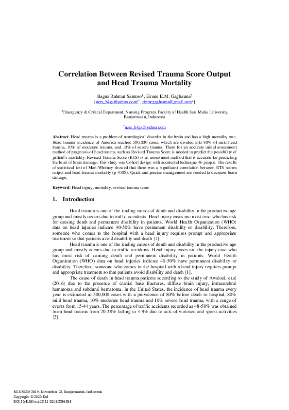 (PDF) Correlation Between Revised Trauma Score Output and Head Trauma ...