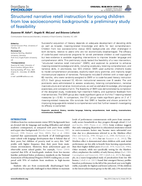 (PDF) Structured narrative retell instruction for young children from low socioeconomic ...