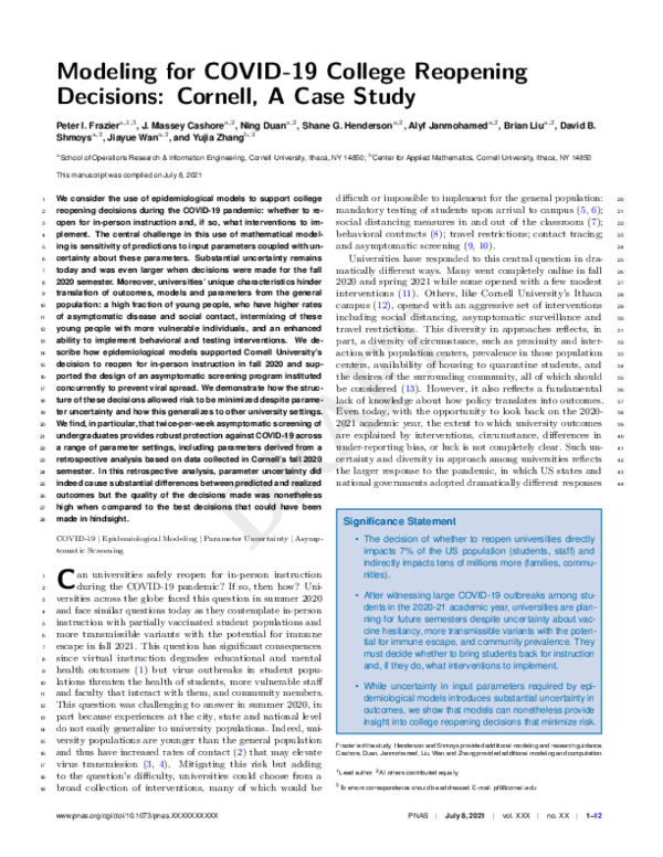 (PDF) Modeling for COVID-19 college reopening decisions: Cornell, a ...