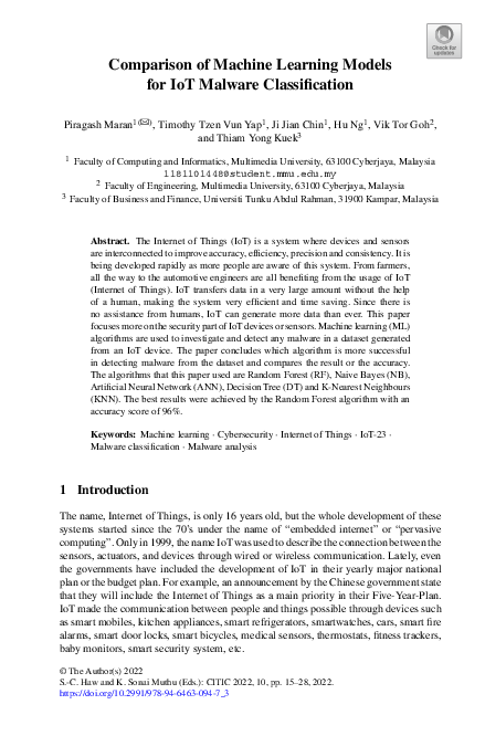 (PDF) Comparison of Machine Learning Models for IoT Malware Classification