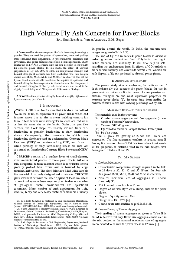(PDF) High Volume Fly Ash Concrete for Paver Blocks