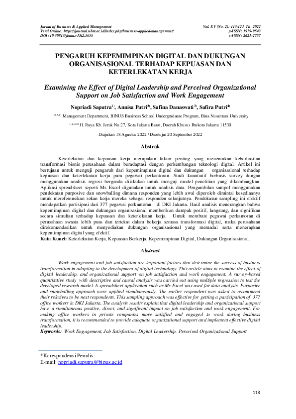 (PDF) Menguji Pengaruh Digital Leadership dan Perceived Organizational Support terhadap Job ...