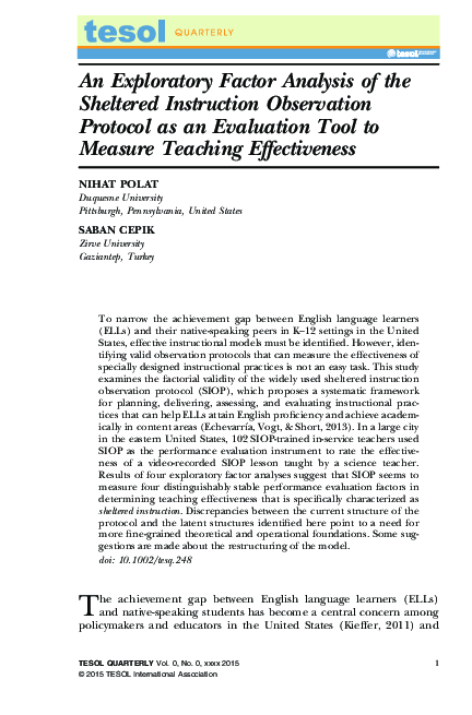 (PDF) An Exploratory Factor Analysis of the Sheltered Instruction Observation Protocol as an ...