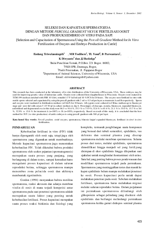 (PDF) Seleksi Dan Kapasitasi Spermatozoa Dengan Metode Percoll Gradient ...