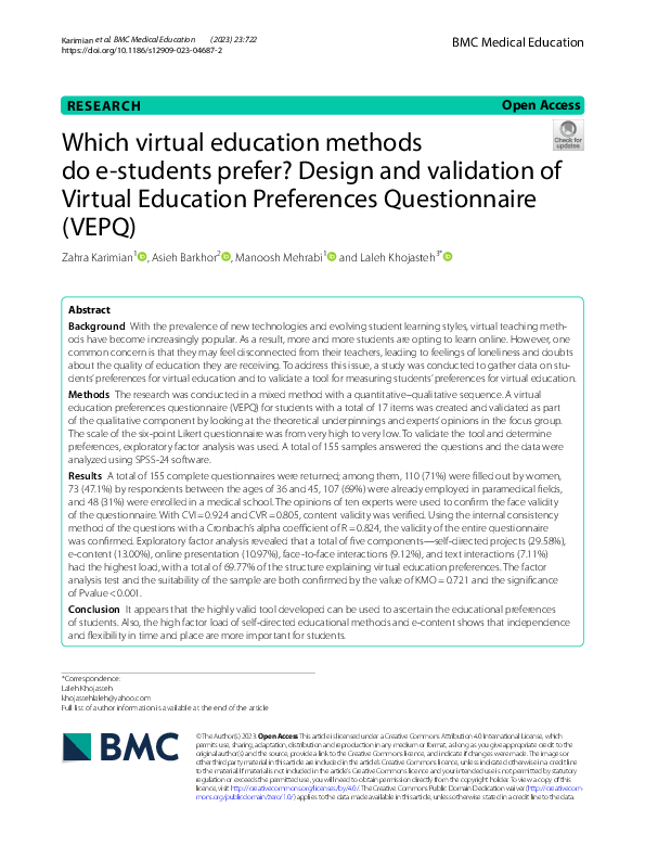 (PDF) Which virtual education methods do e‑students prefer? Design and validation of Virtual ...