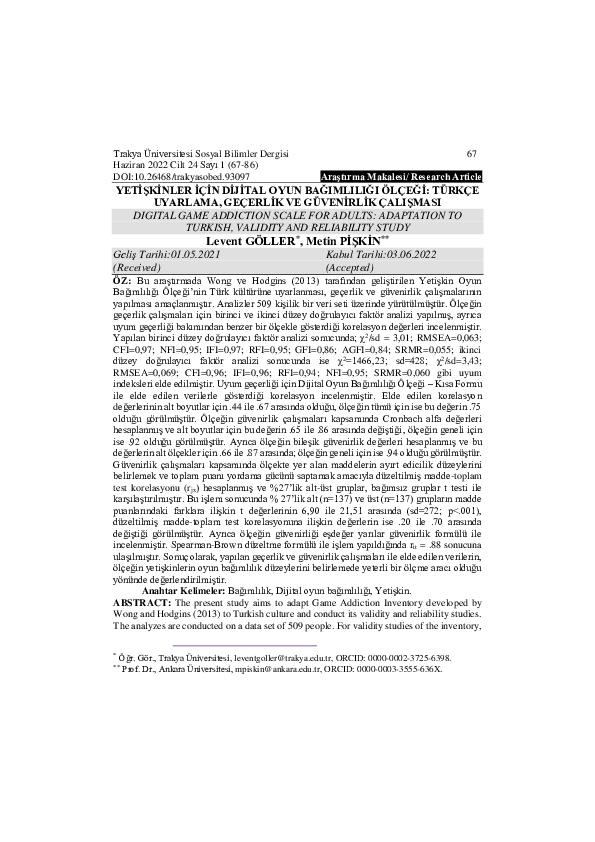 (PDF) Digital Game Addiction Scale for Adults: Adaptation to Turkish ...
