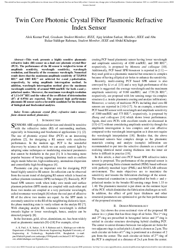 (PDF) Twin Core Photonic Crystal Fiber Plasmonic Refractive Index Sensor | Abdul Khaleque ...