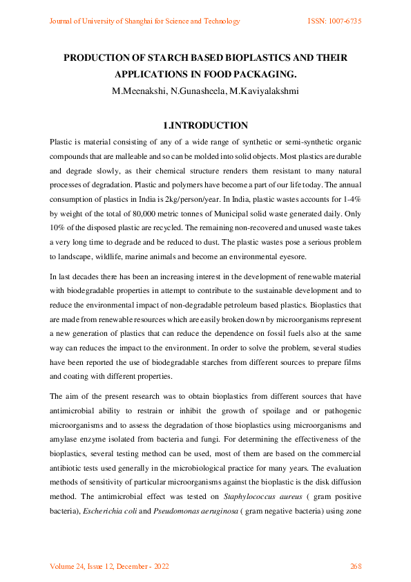(PDF) PRODUCTION OF STARCH BASED BIOPLASTICS AND THEIR APPLICATIONS IN FOOD PACKAGING