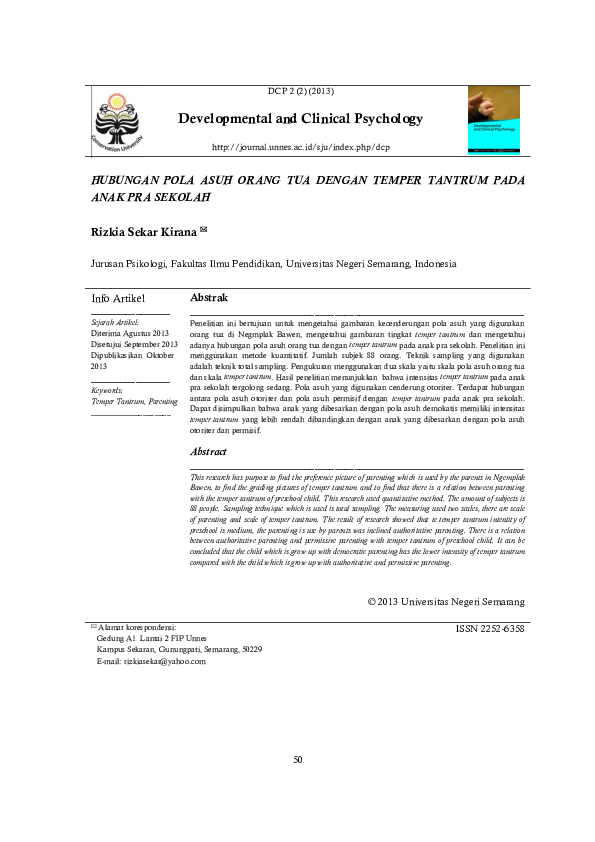 (PDF) Hubungan Pola Asuh Orang Tua Dengan Temper Tantrum Pada Anak Pra Sekolah