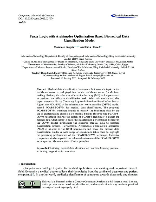 (PDF) Fuzzy Logic with Archimedes Optimization Based Biomedical Data Classification Model