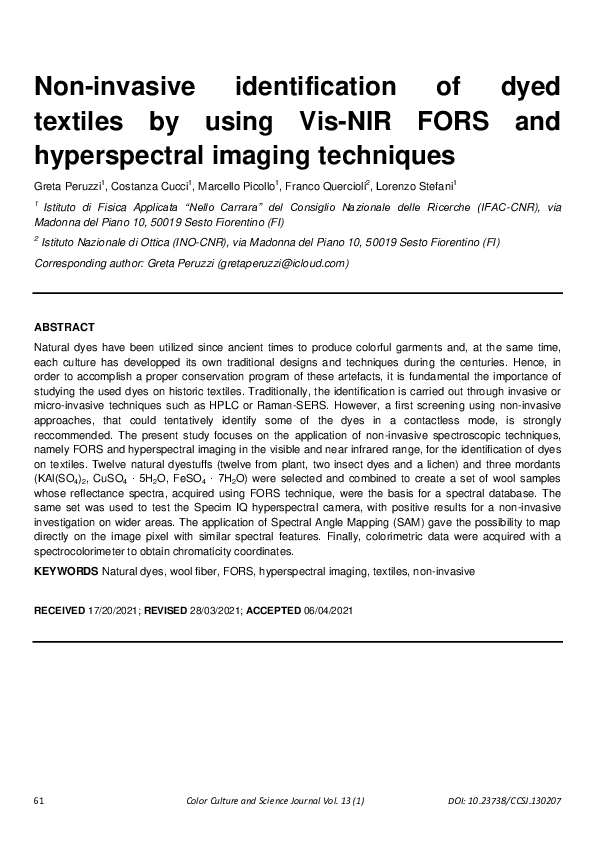 (PDF) Non-invasive identification of dyed textiles by using VIS-NIR FORS and hyperspectral ...