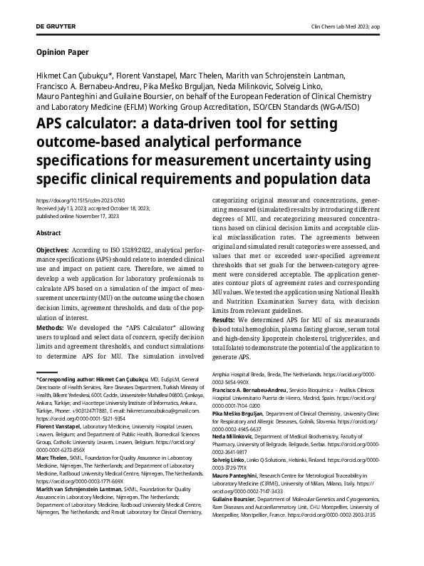 (PDF) APS calculator: a data-driven tool for setting outcome-based analytical performance ...