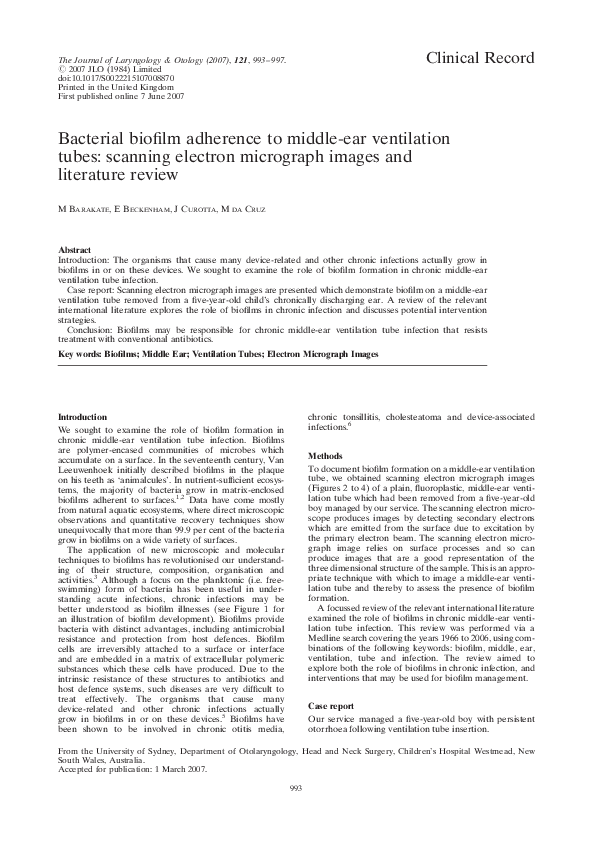 (PDF) Biofilm Formation and Chronic Infection in Ear Ventilation Tubes