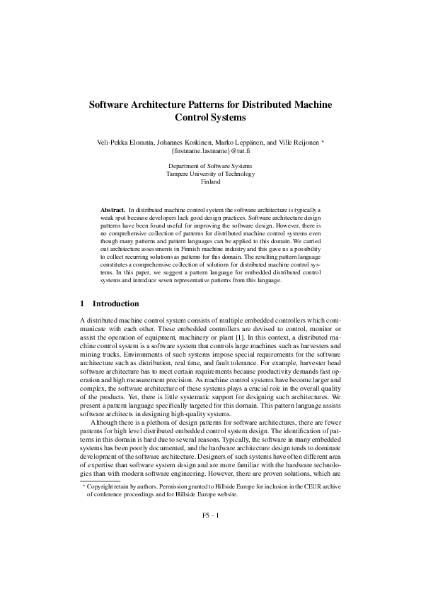 Pdf Software Architecture Patterns For Distributed Embedded Control