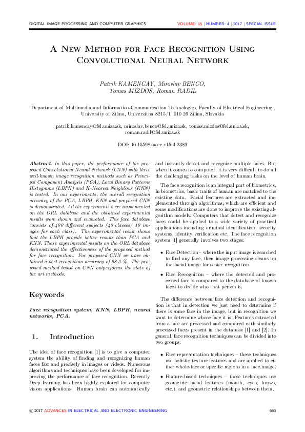 Pdf A New Method For Face Recognition Using Convolutional Neural Network Miroslav Benco