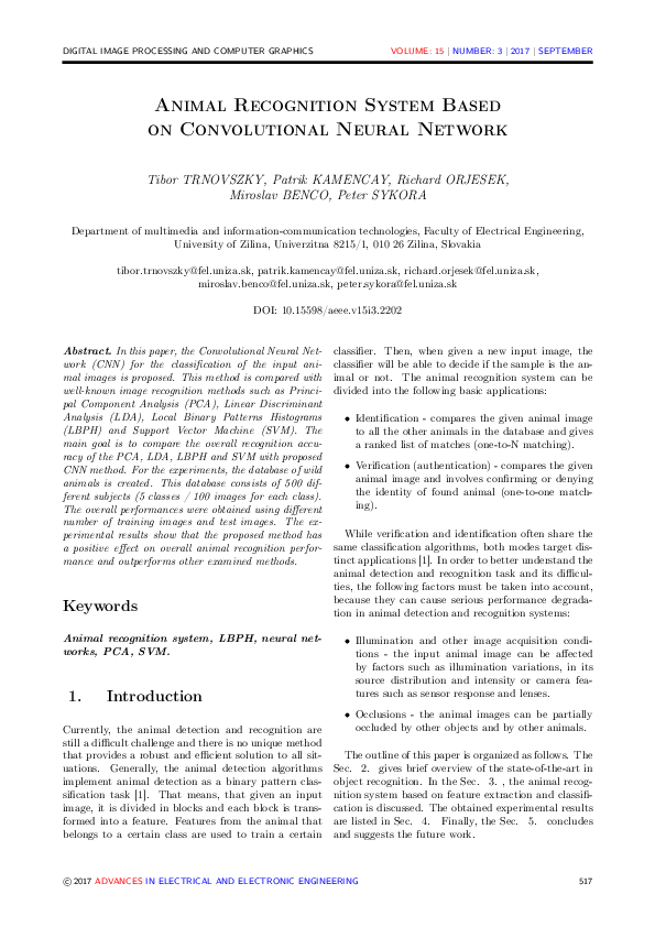 (PDF) Animal Recognition System Based on Convolutional Neural Network
