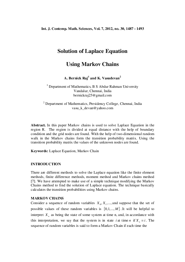 (PDF) Solution of Laplace Equation Using Markov Chains