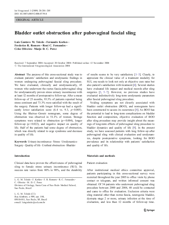 (PDF) Bladder outlet obstruction after pubovaginal fascial sling