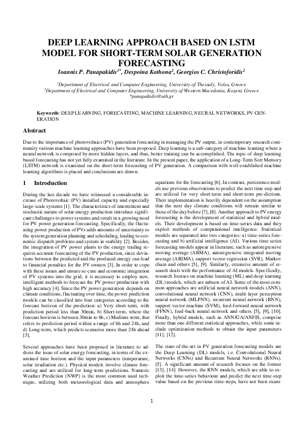 Pdf Deep Learning Approach Based On Lstm Model For Short Term Solar Generation Forecasting