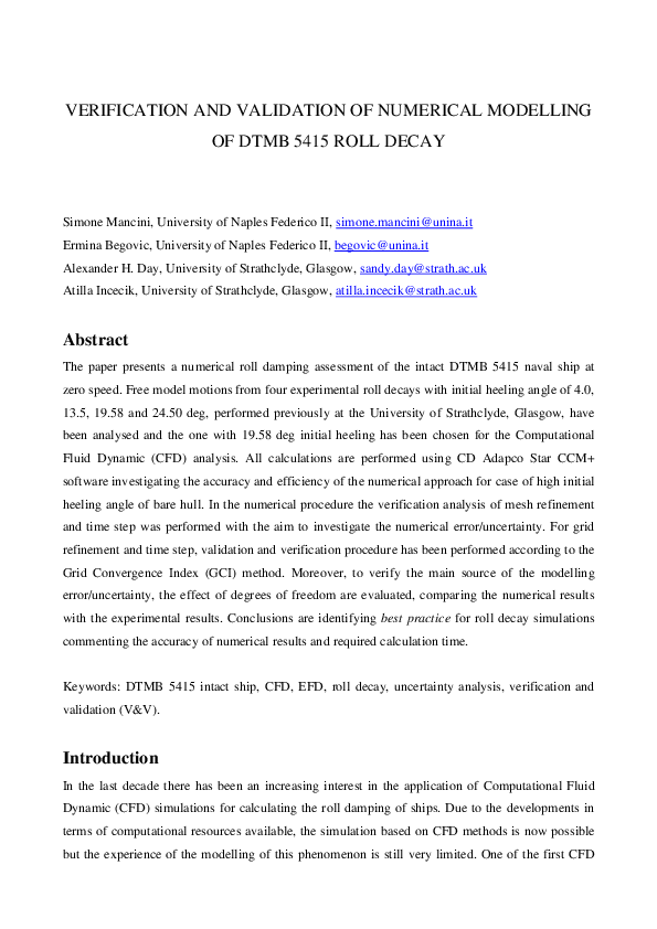 (PDF) Verification and validation of numerical modelling of DTMB 5415 roll decay