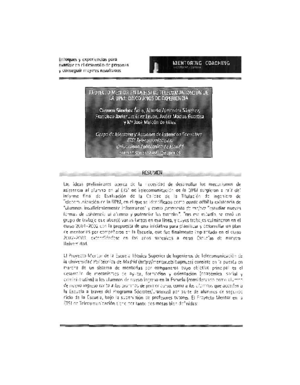 (PDF) Proyecto mentor en la ETSI de Telecomunicación de la UPM: cinco años de experiencia