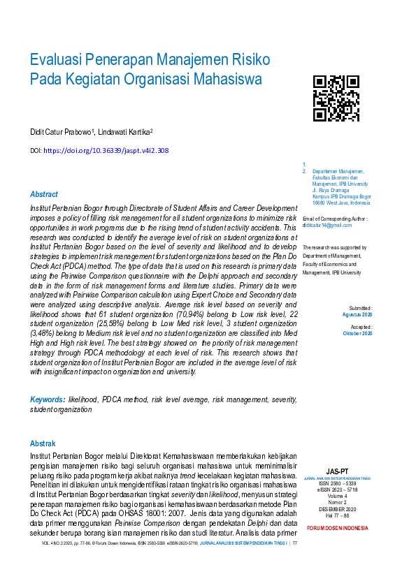 (PDF) Valuasi Penerapan Manajemen Risiko Pada Kegiatan Organisasi Mahasiswa