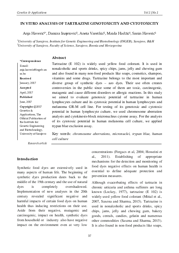 (PDF) In Vitro Analysis of Tartrazine Genotoxicity and Cytotoxicity