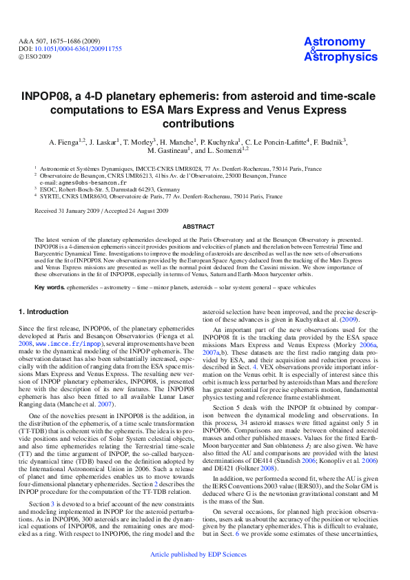 INPOP08, a 4-D planetary ephemeris: from asteroid and time-scale ...