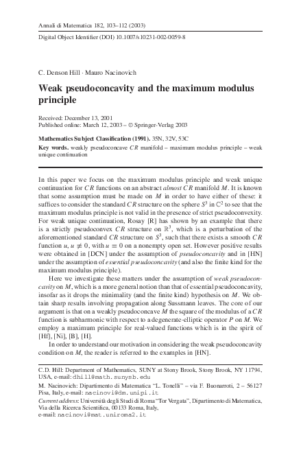 (PDF) Weak pseudoconcavity and the maximum modulus principle | Mauro Nacinovich - Academia.edu