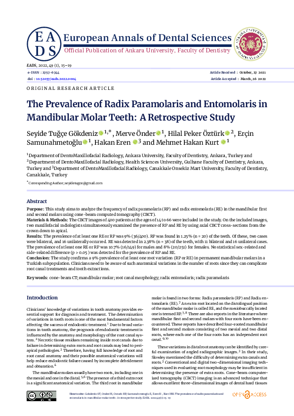 (PDF) The Prevalence of Radix Paramolaris and Entomolaris in Mandibular ...