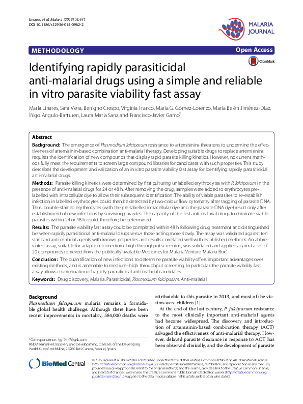 (PDF) Identifying rapidly parasiticidal anti-malarial drugs using a ...