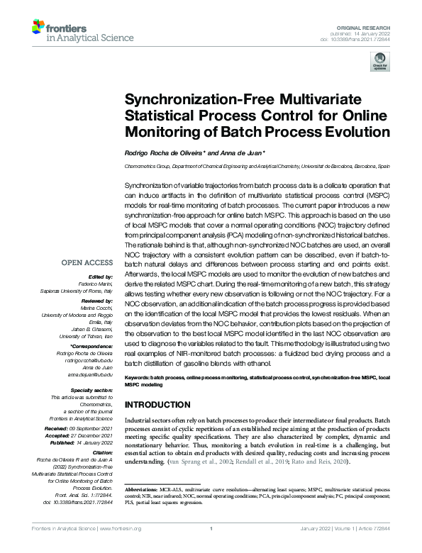 Pdf Synchronization Free Multivariate Statistical Process Control For Online Monitoring Of
